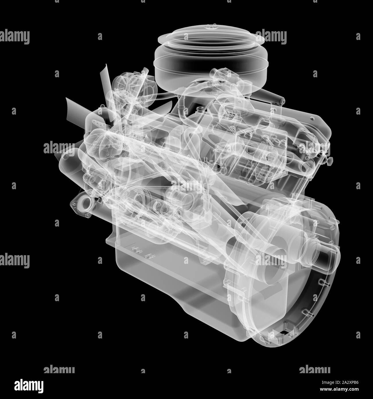 Internal combustion engine X-Ray style. Isolated on black background ...