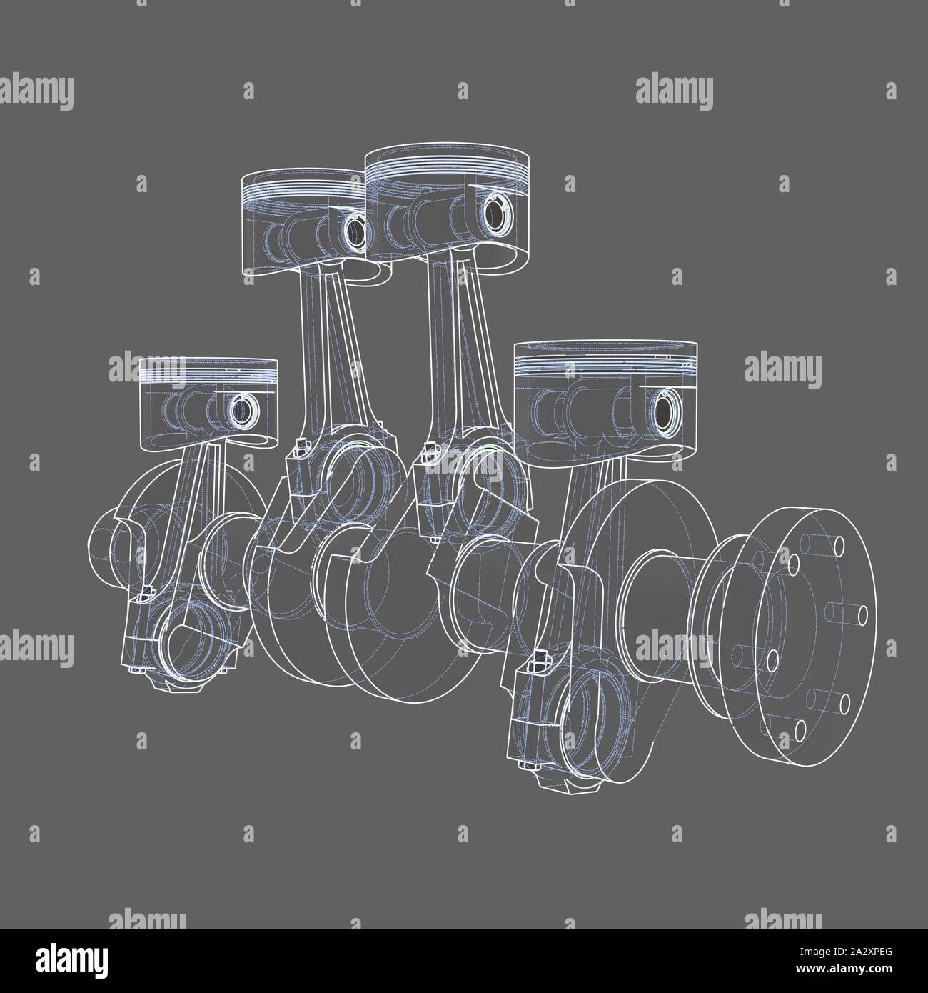 Engine pistons outline. 3D illustration. White lines and grey ...