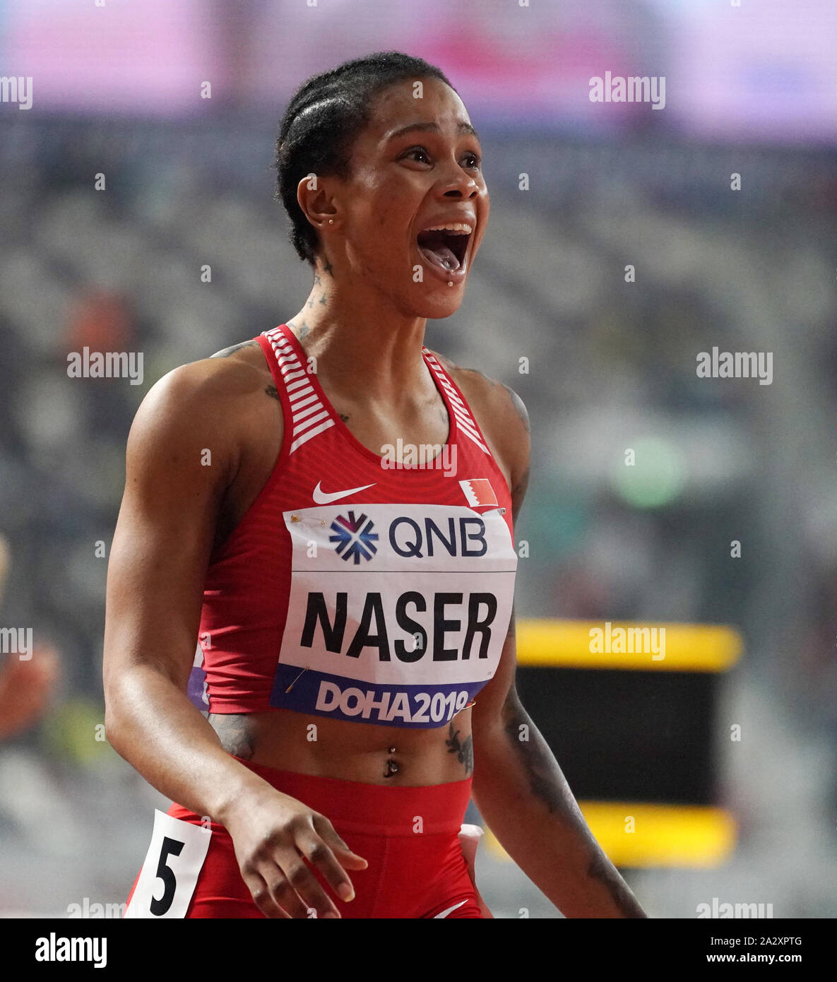 Doha, Qatar. 3rd Oct, 2019. Salwa Eid Naser of Bahrain celebrates after ...