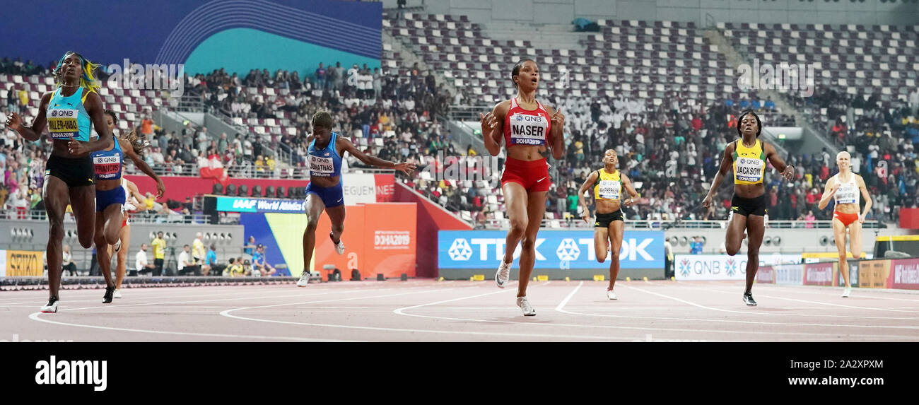 Doha, Qatar. 3rd Oct, 2019. Salwa Eid Naser (C) of Bahrain crosses the ...