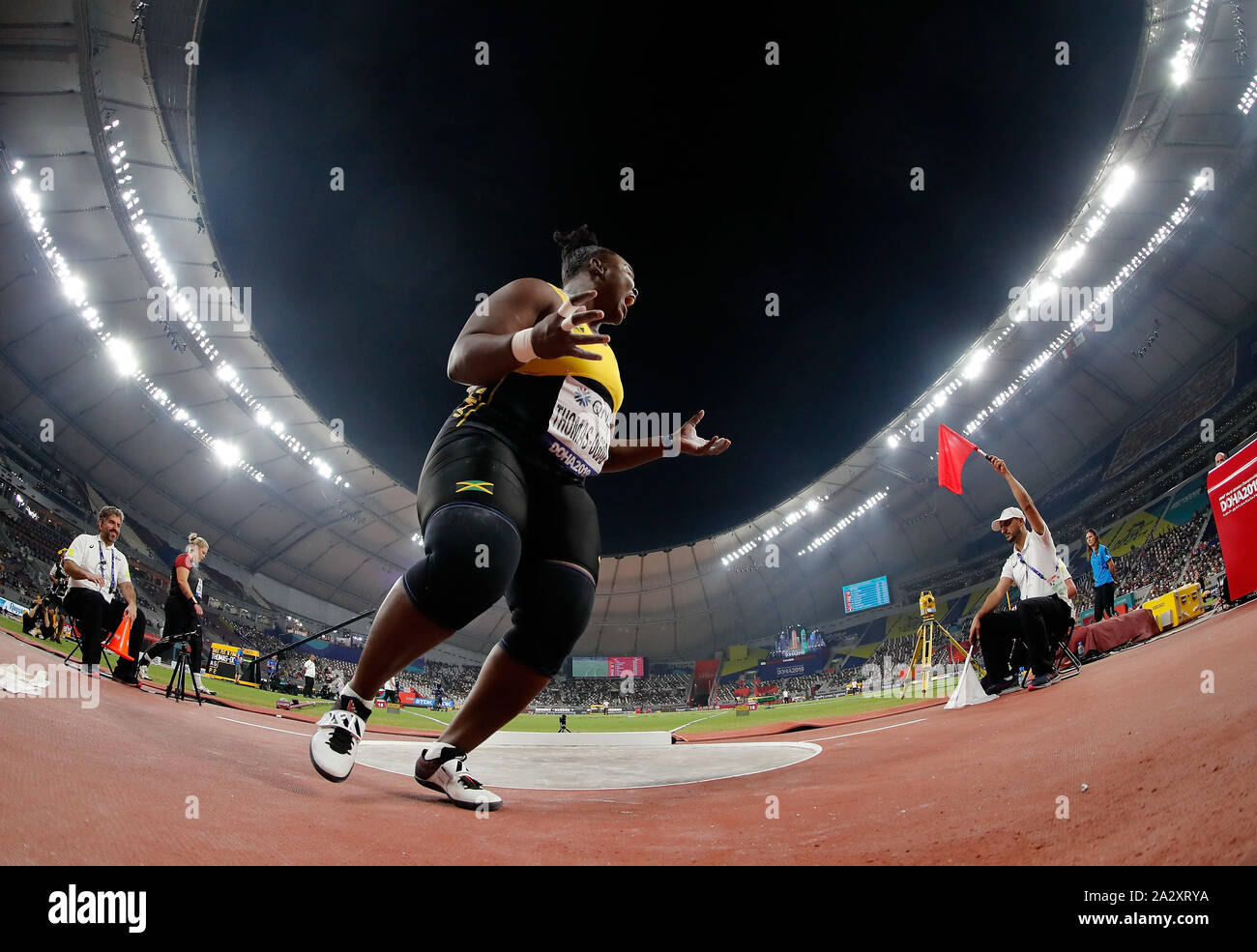 Doha, Qatar. 3rd Oct, 2019. Danniel Thomas-Dodd of Jamaica reacts as ...