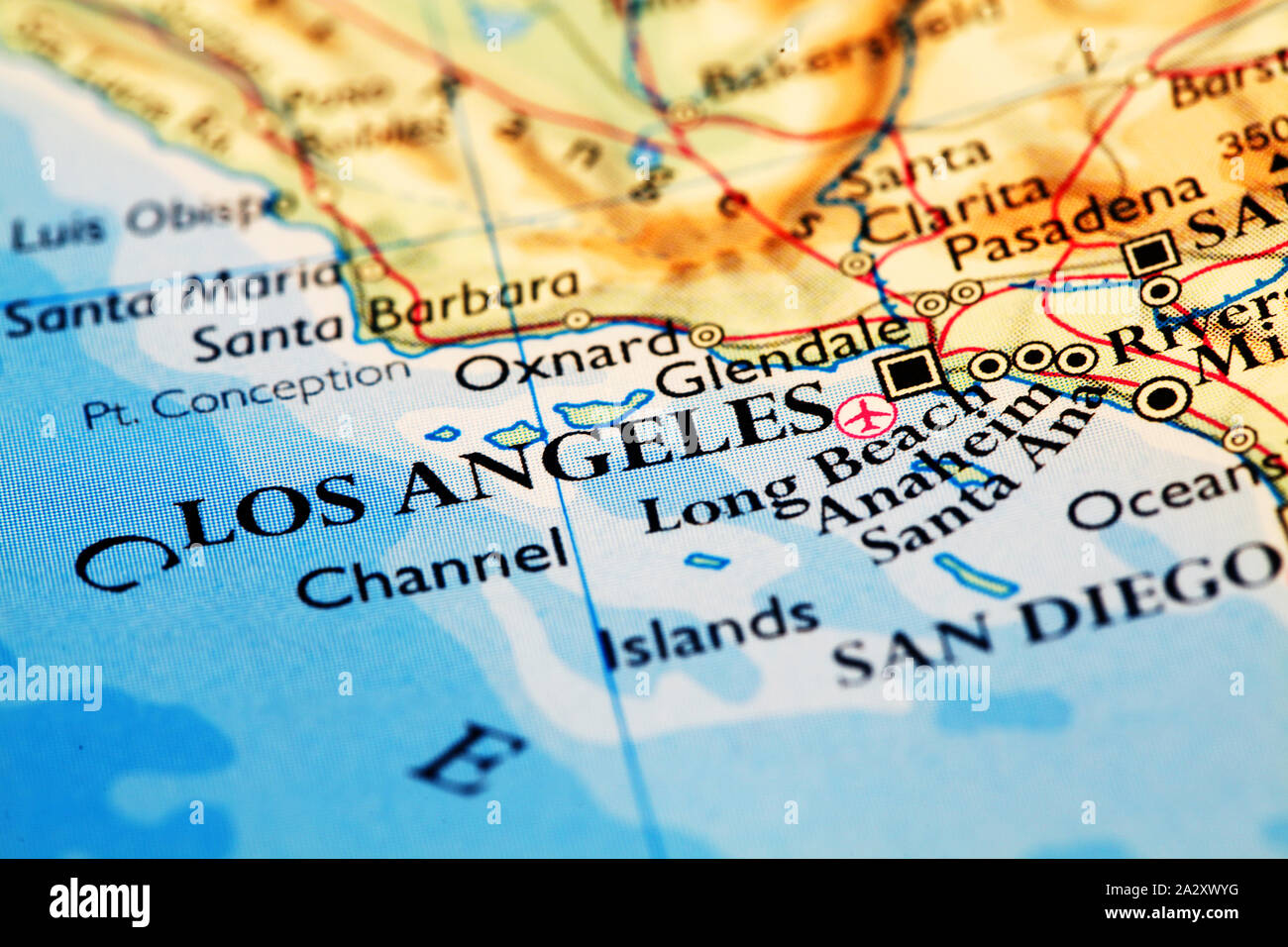 Los Angeles on atlas world map Stock Photo - Alamy