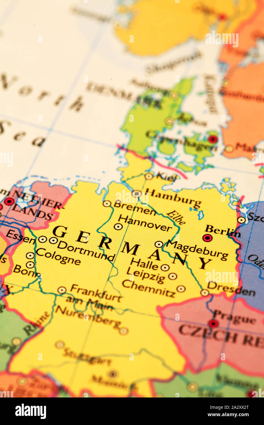 Germany on atlas world map Stock Photo - Alamy