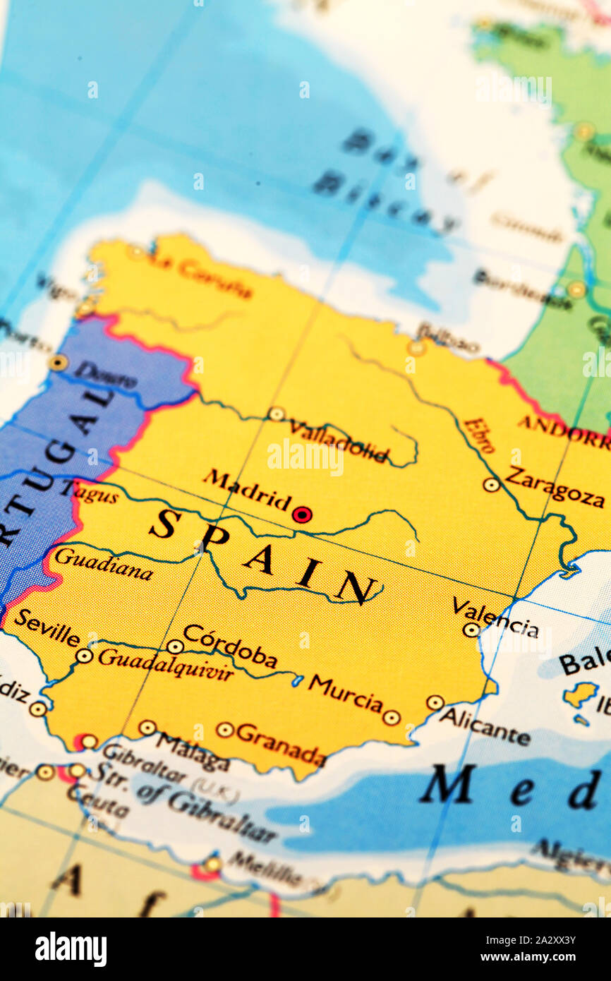 Spain on atlas world map Stock Photo - Alamy