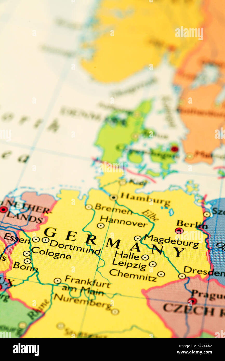 Germany on atlas world map Stock Photo - Alamy