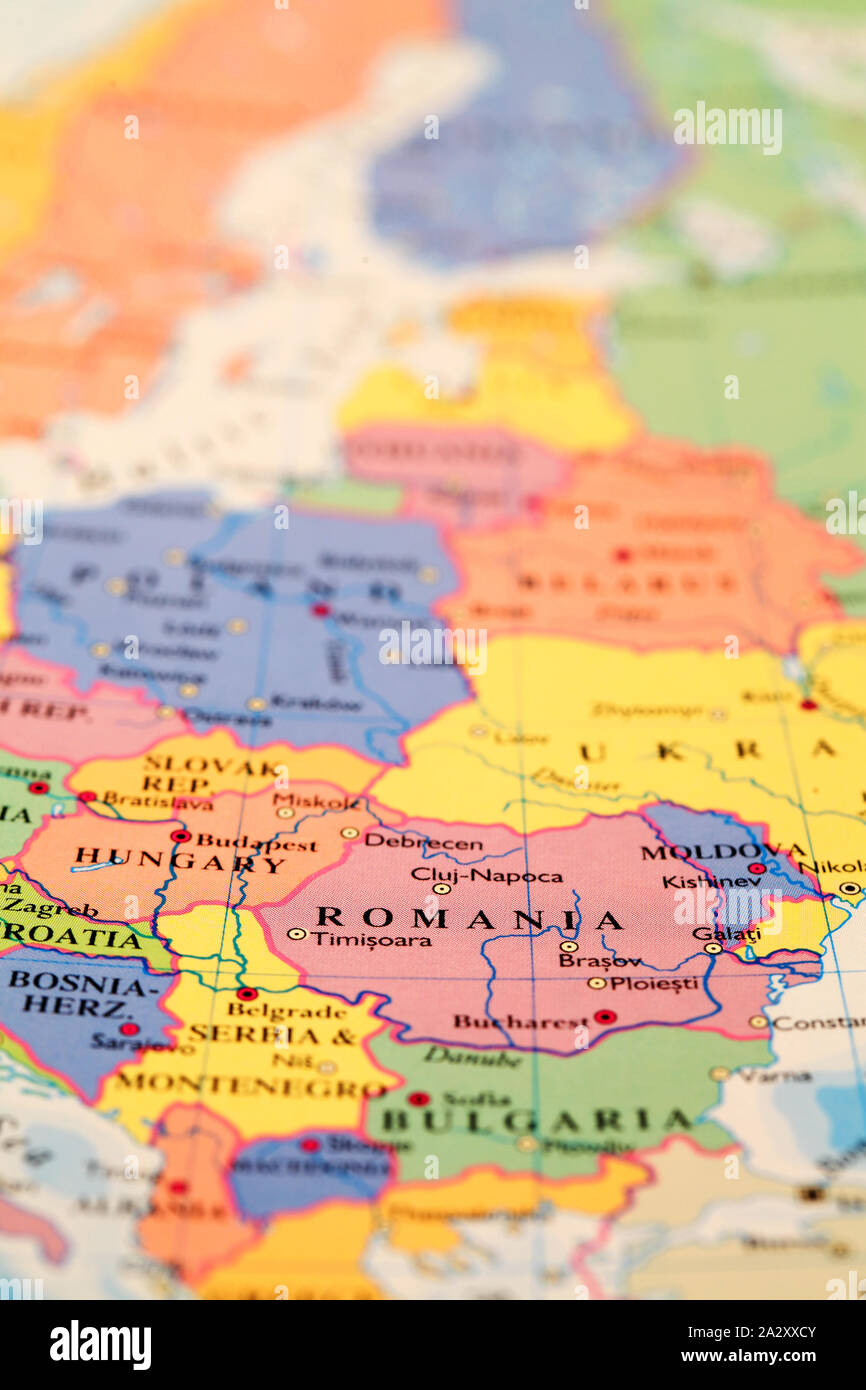 Romania on atlas world map Stock Photo - Alamy