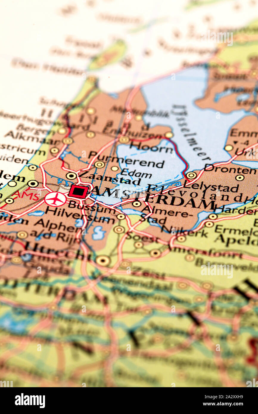 Amsterdam Netherlands, on atlas world map Stock Photo - Alamy