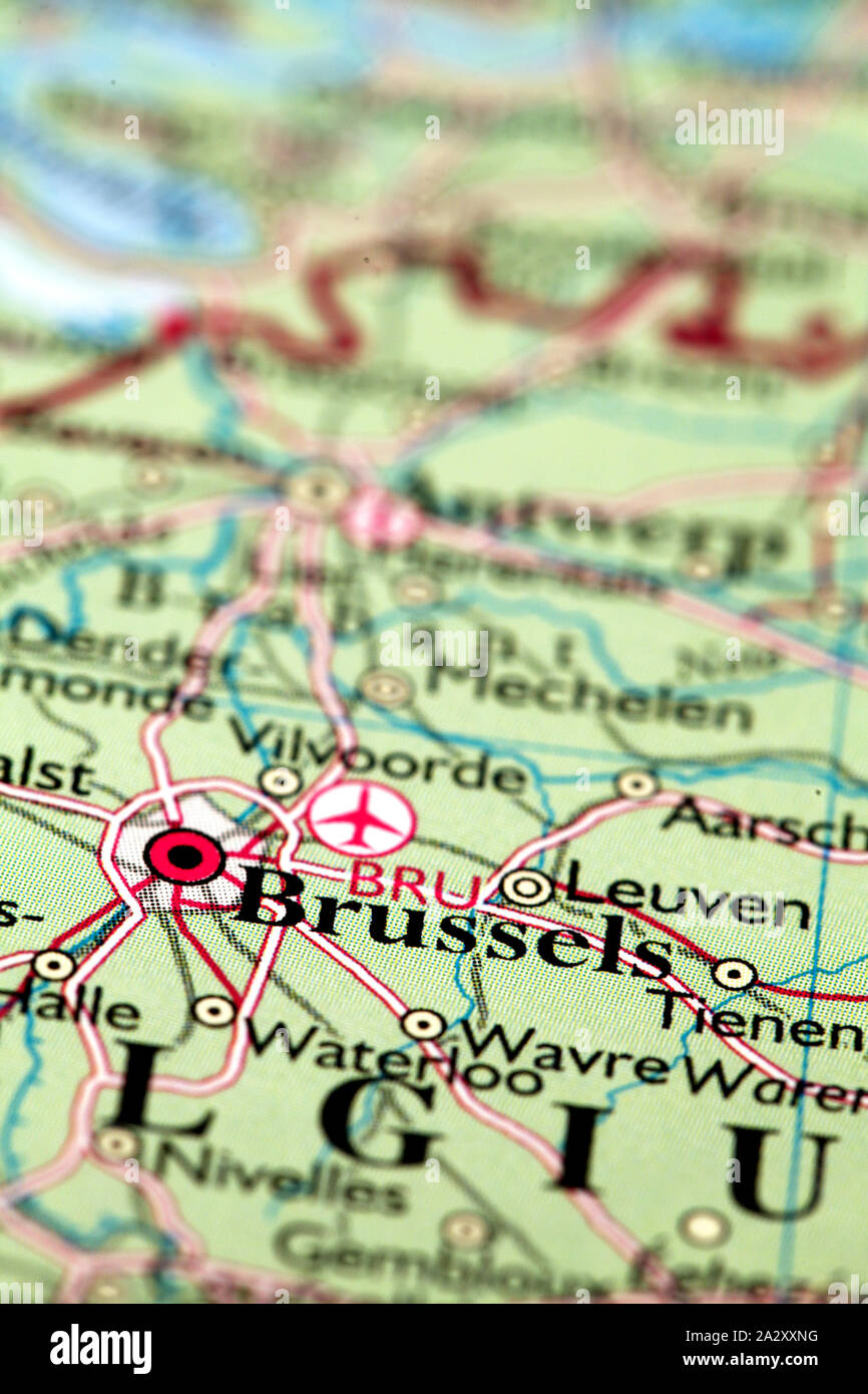 Brussels Belgium, on atlas world map Stock Photo - Alamy