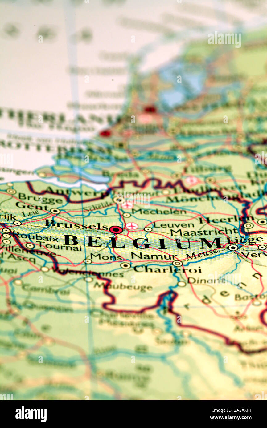 Map of Belgium on atlas world map Stock Photo - Alamy