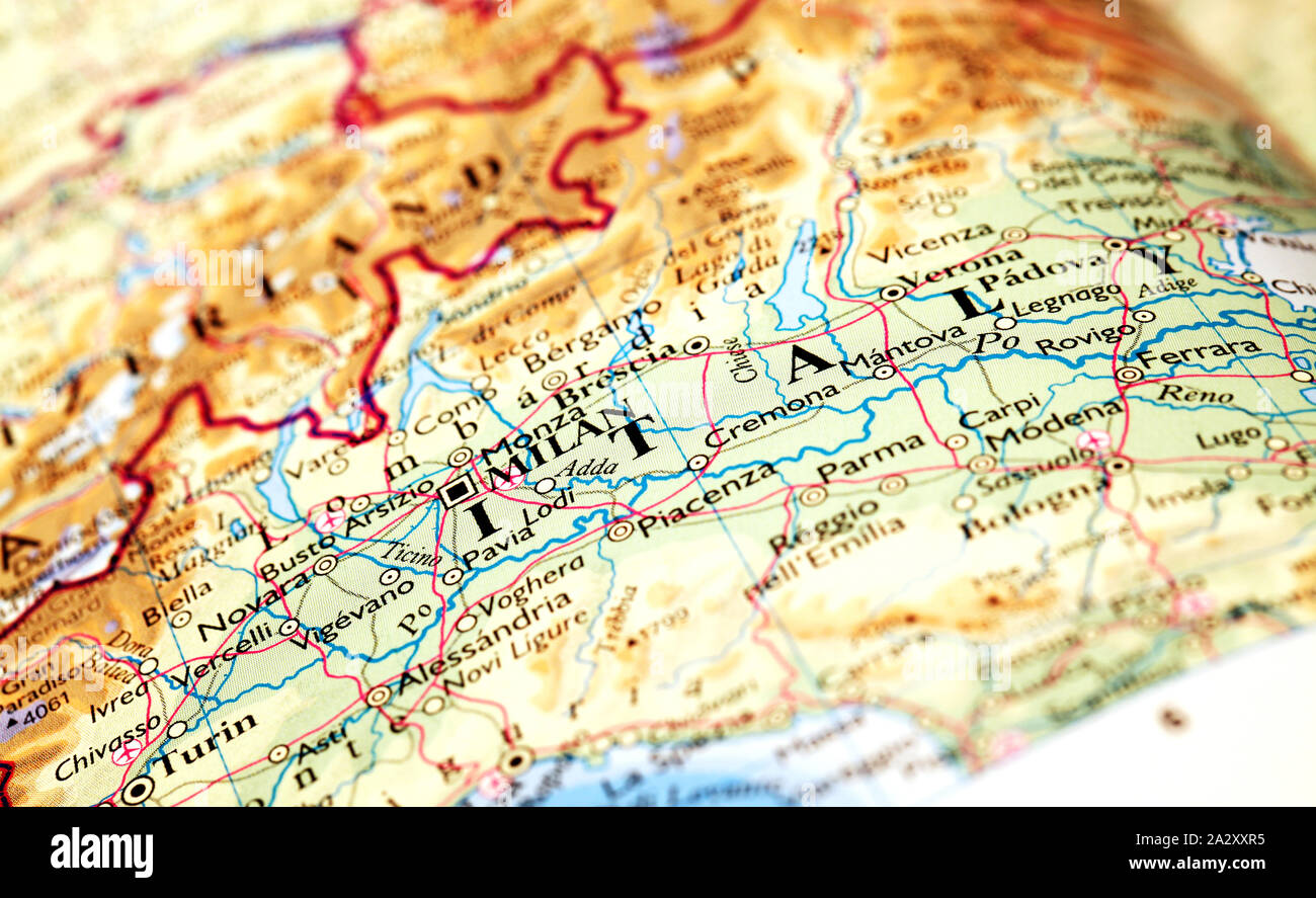 Italy on atlas world map Stock Photo - Alamy