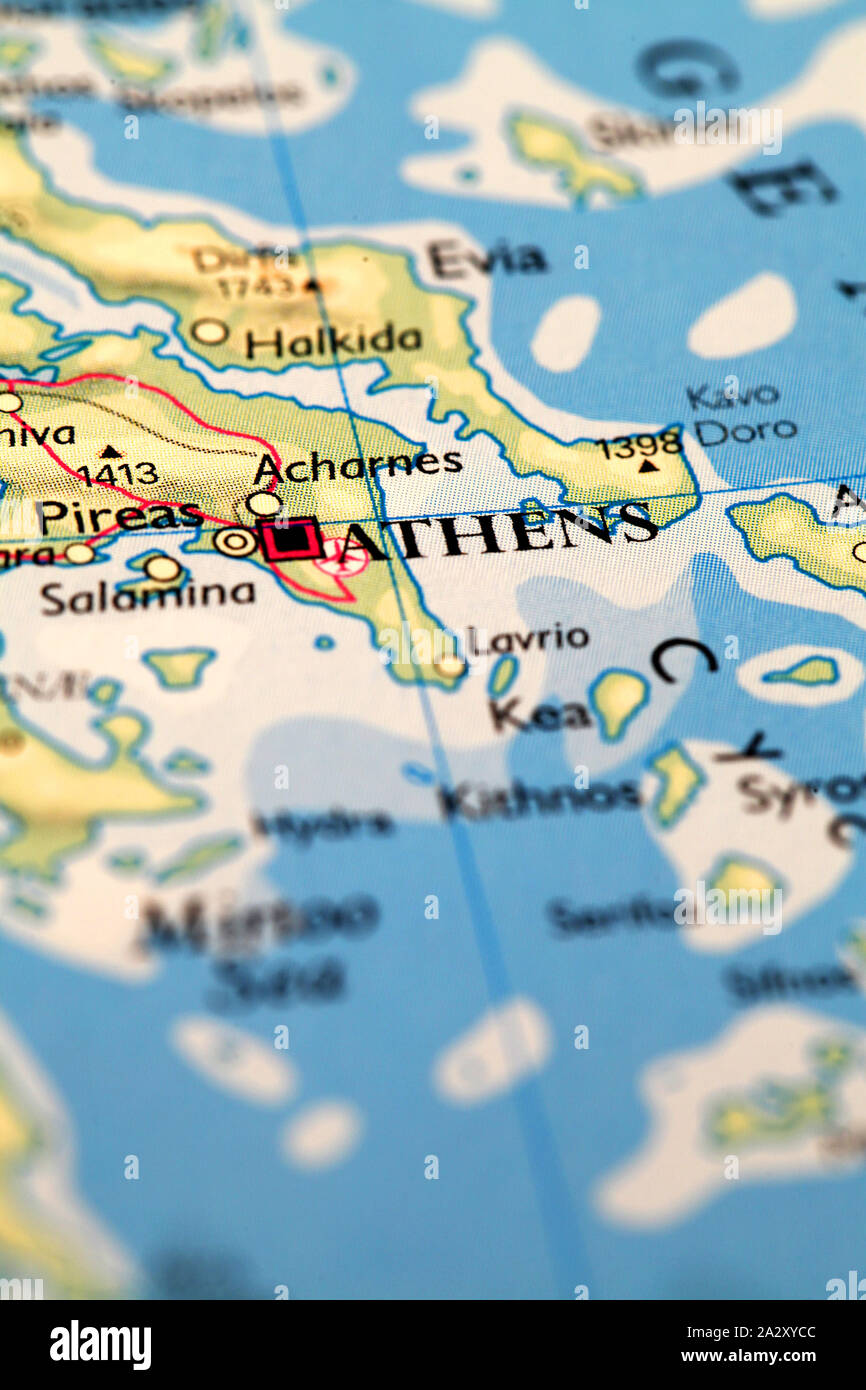 Athens Greece, on atlas world map Stock Photo - Alamy
