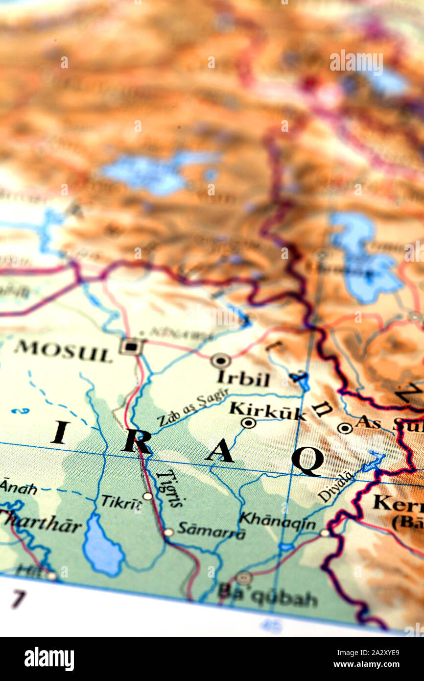 Iraq on atlas world map Stock Photo - Alamy