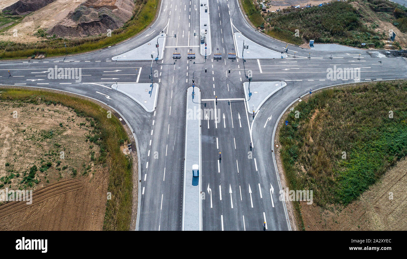 Aerial photograph of road cross under construction. building new ...
