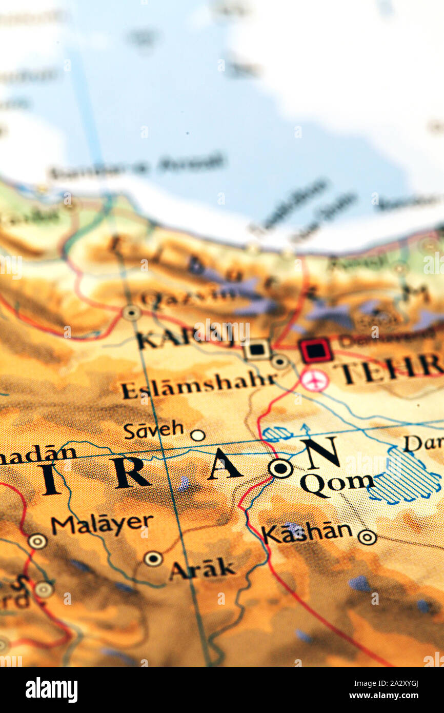 Iran on atlas world map Stock Photo - Alamy