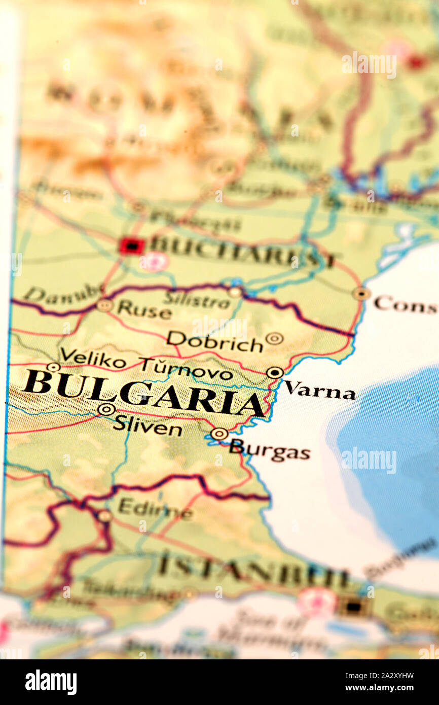 Bulgaria on atlas world map Stock Photo - Alamy