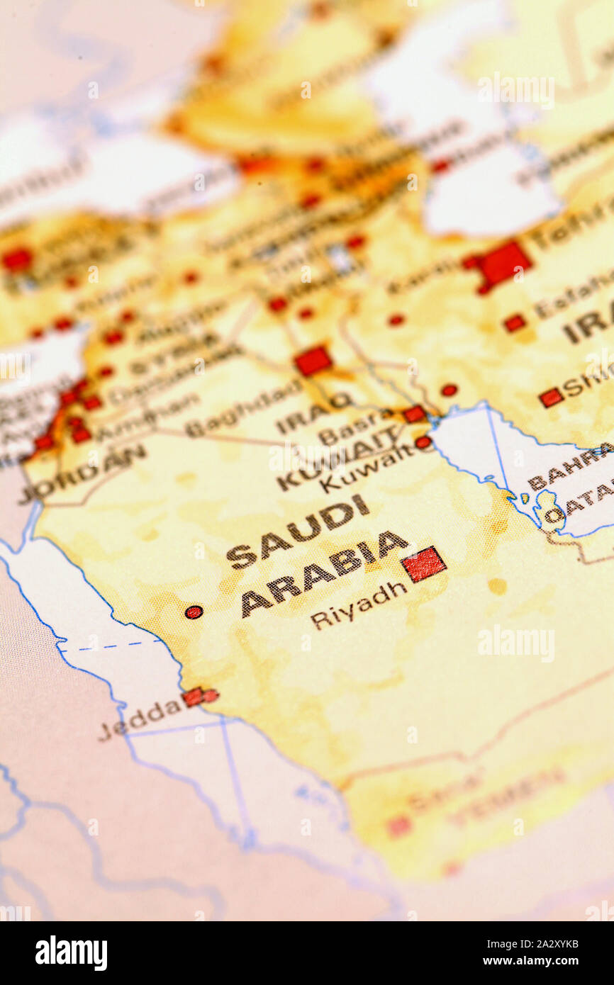 Saudi Arabia on atlas world map Stock Photo - Alamy