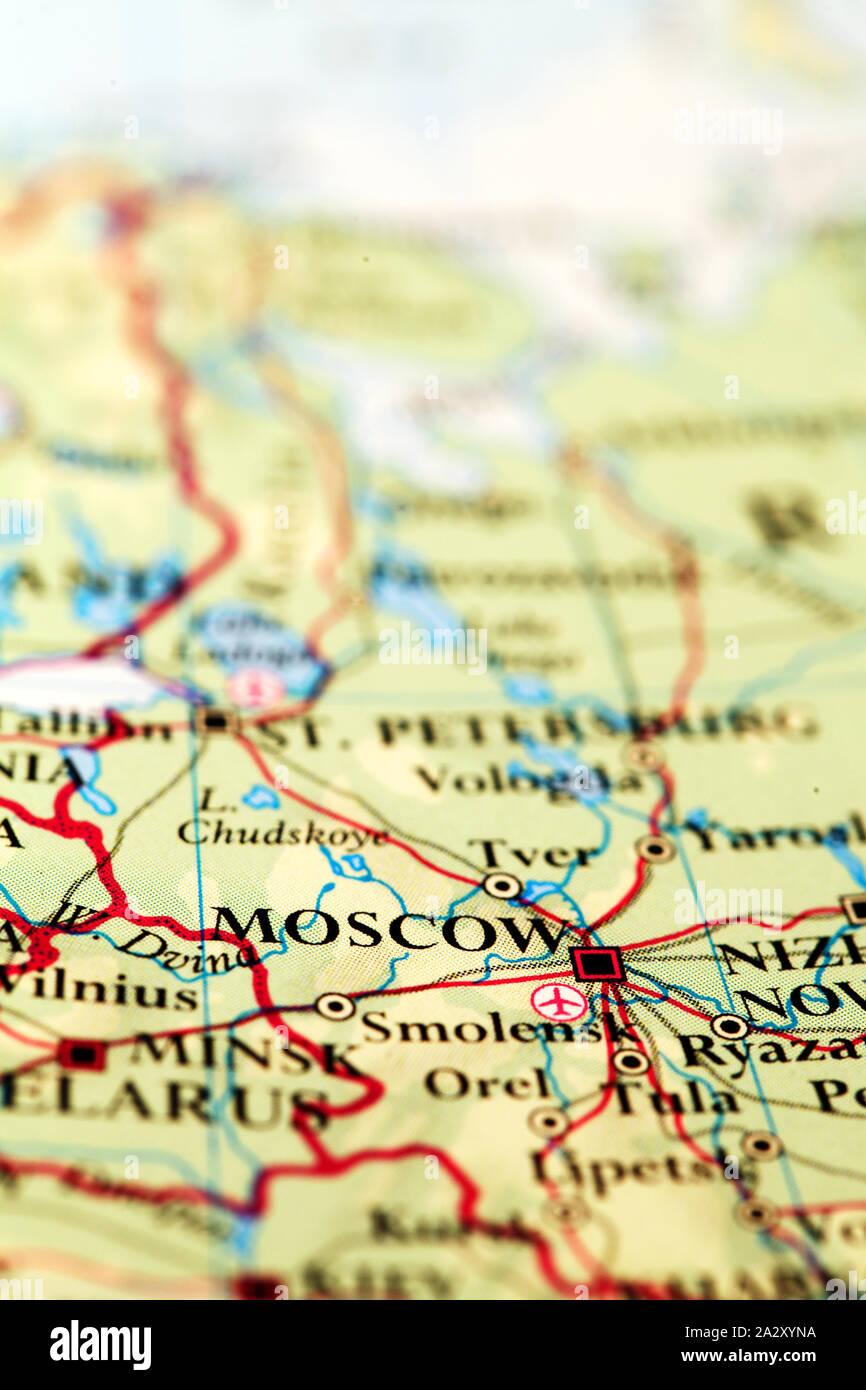 Moscow, on atlas world map Stock Photo - Alamy