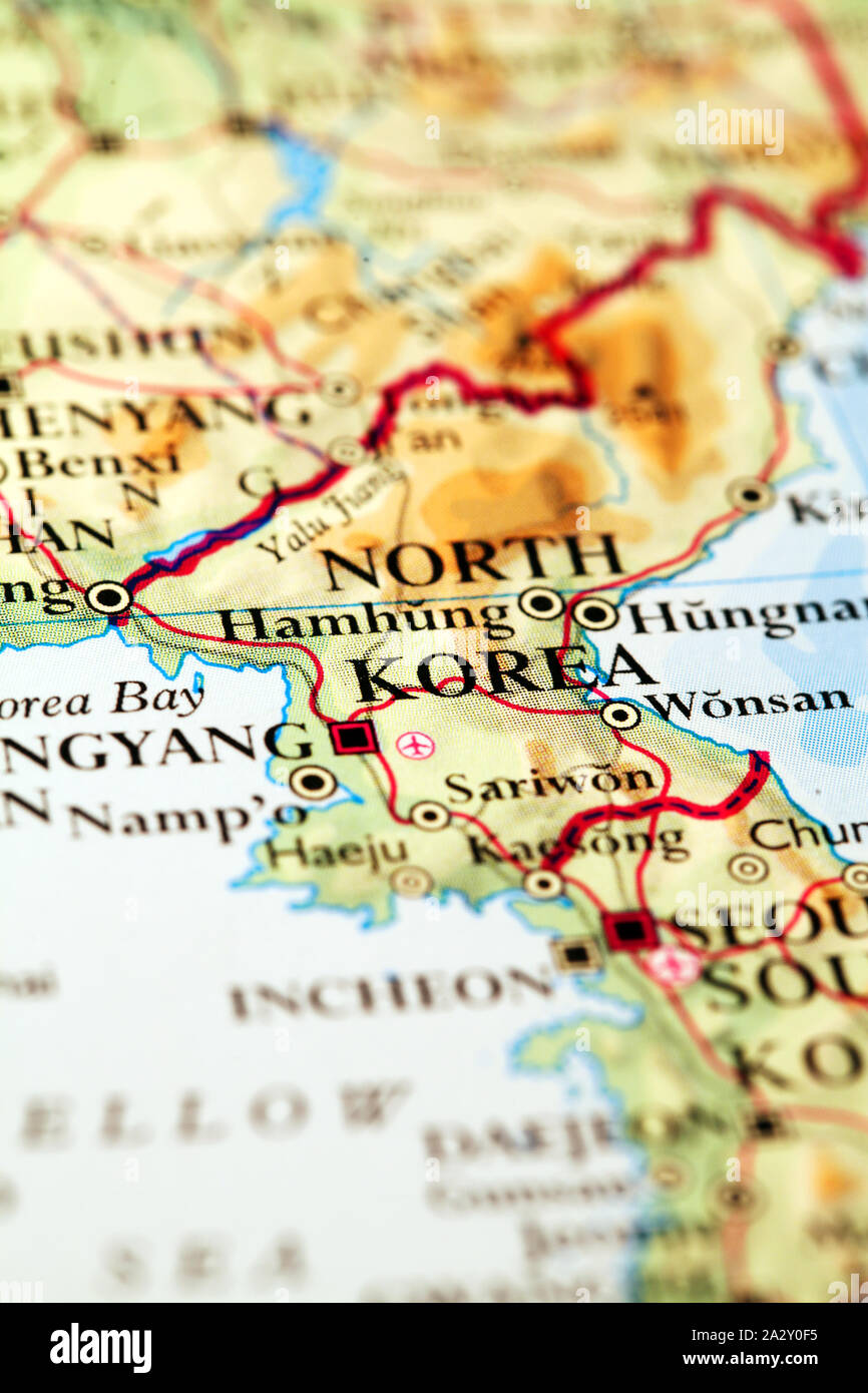 North Korea on atlas world map Stock Photo - Alamy