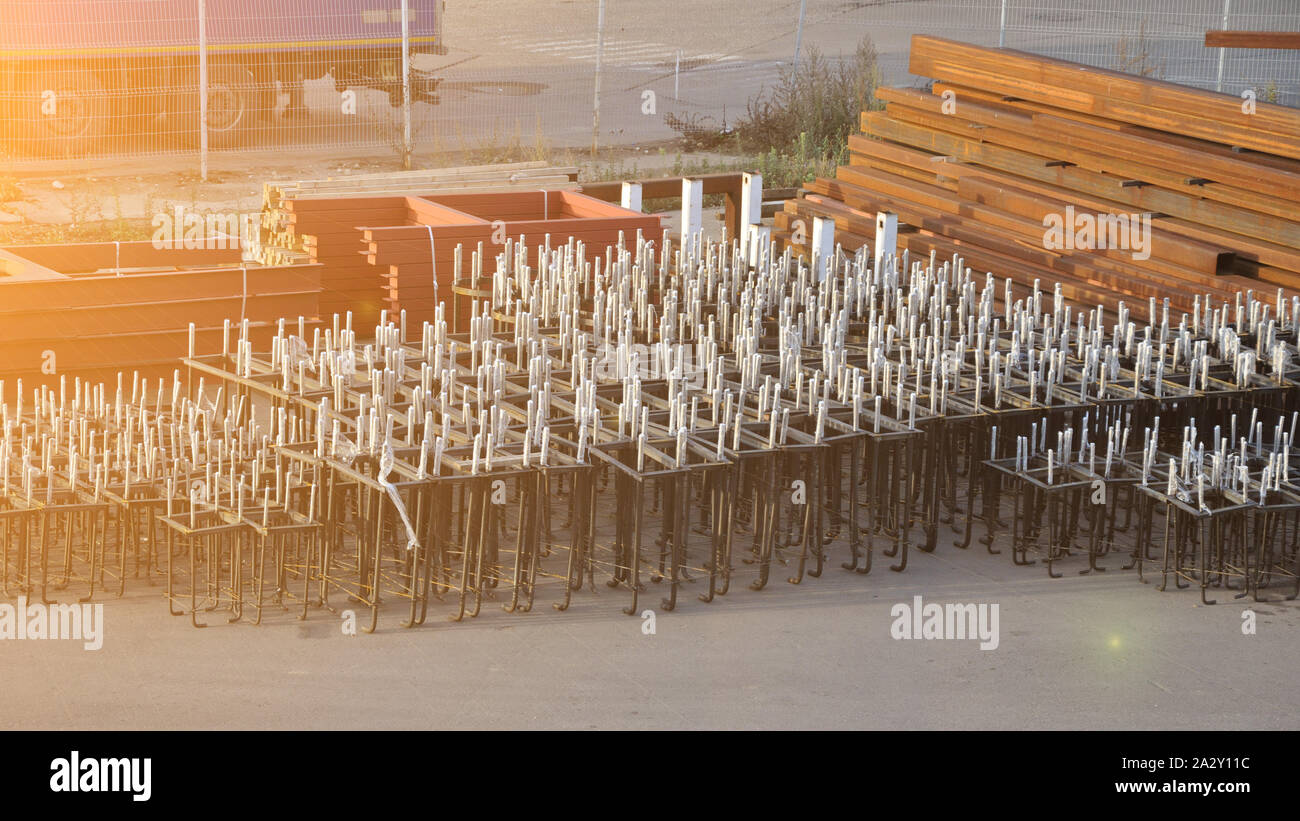 Steel anchor blocks and business metal at the warehouse of the ...