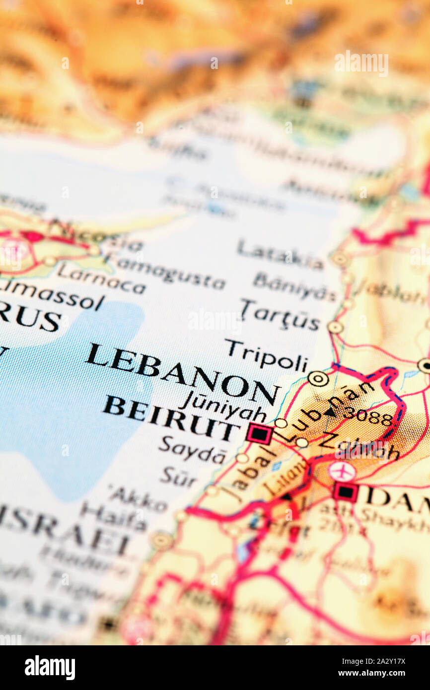 Lebanon on atlas world map Stock Photo - Alamy