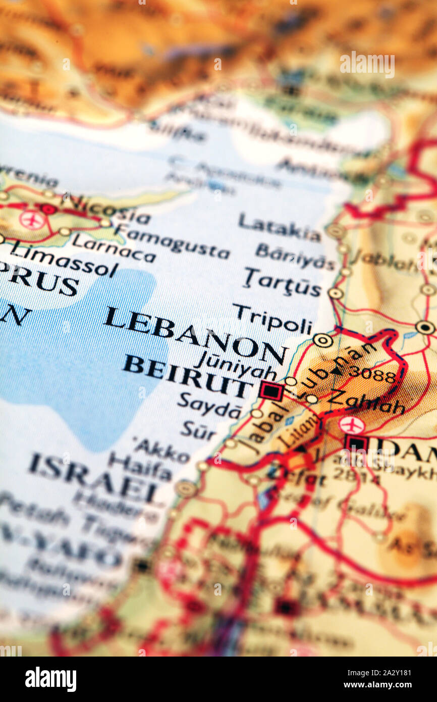 Lebanon on atlas world map Stock Photo - Alamy