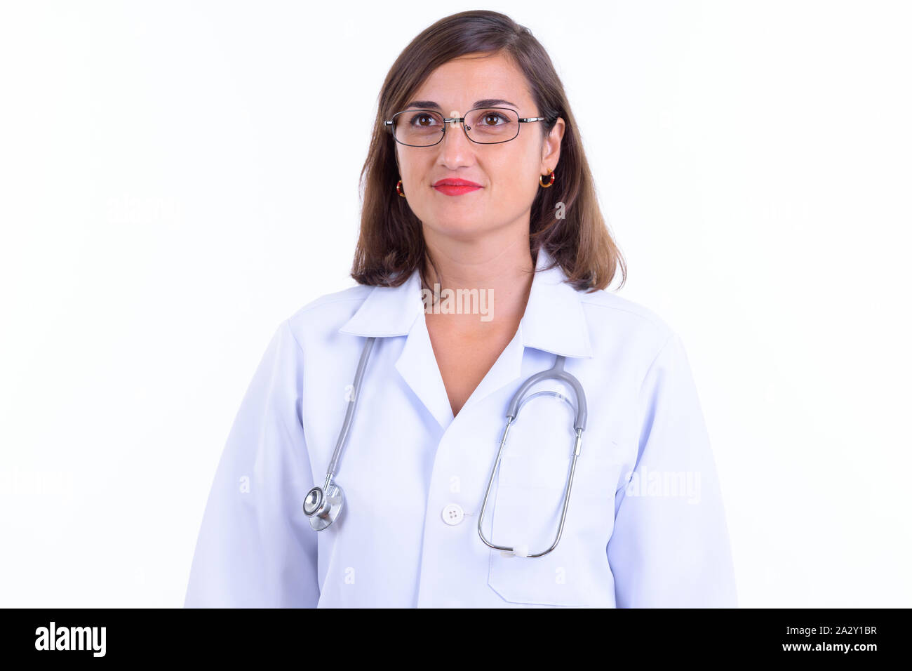 Face of beautiful woman doctor with eyeglasses thinking Stock Photo - Alamy
