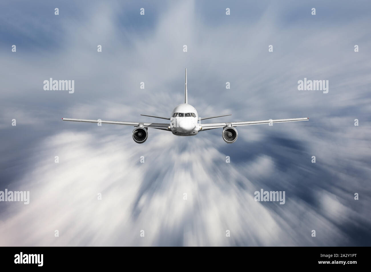 Airplane jet flying on blur motion sky background, concept aviation air ...