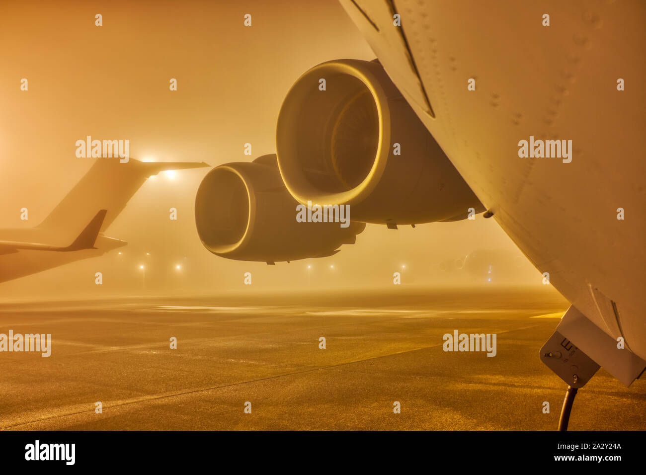 A thick fog envelopes the McChord AFB flight line on 14 Jan 2019 ...