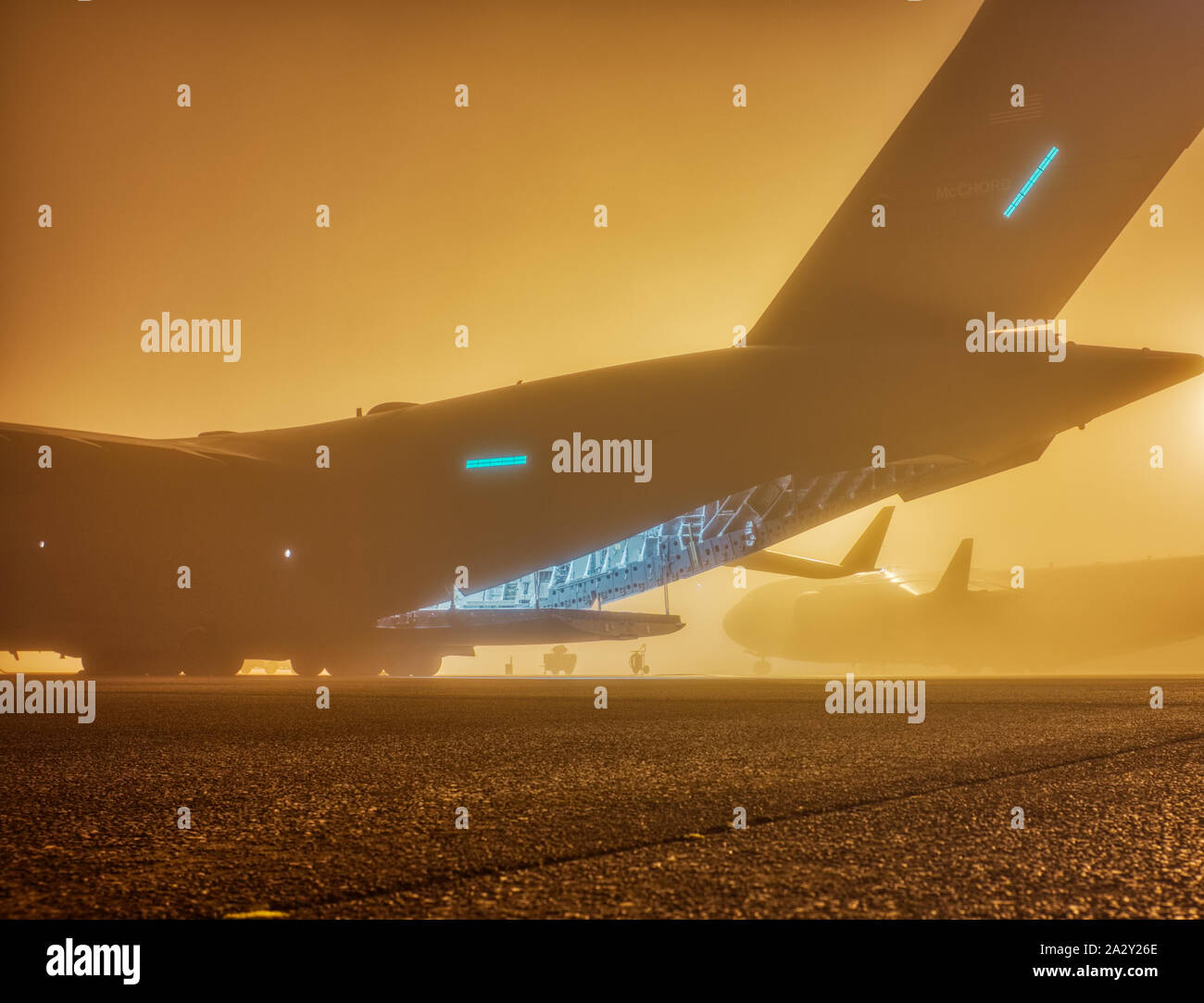 A thick fog envelopes the McChord AFB flight line on 14 Jan 2019 ...