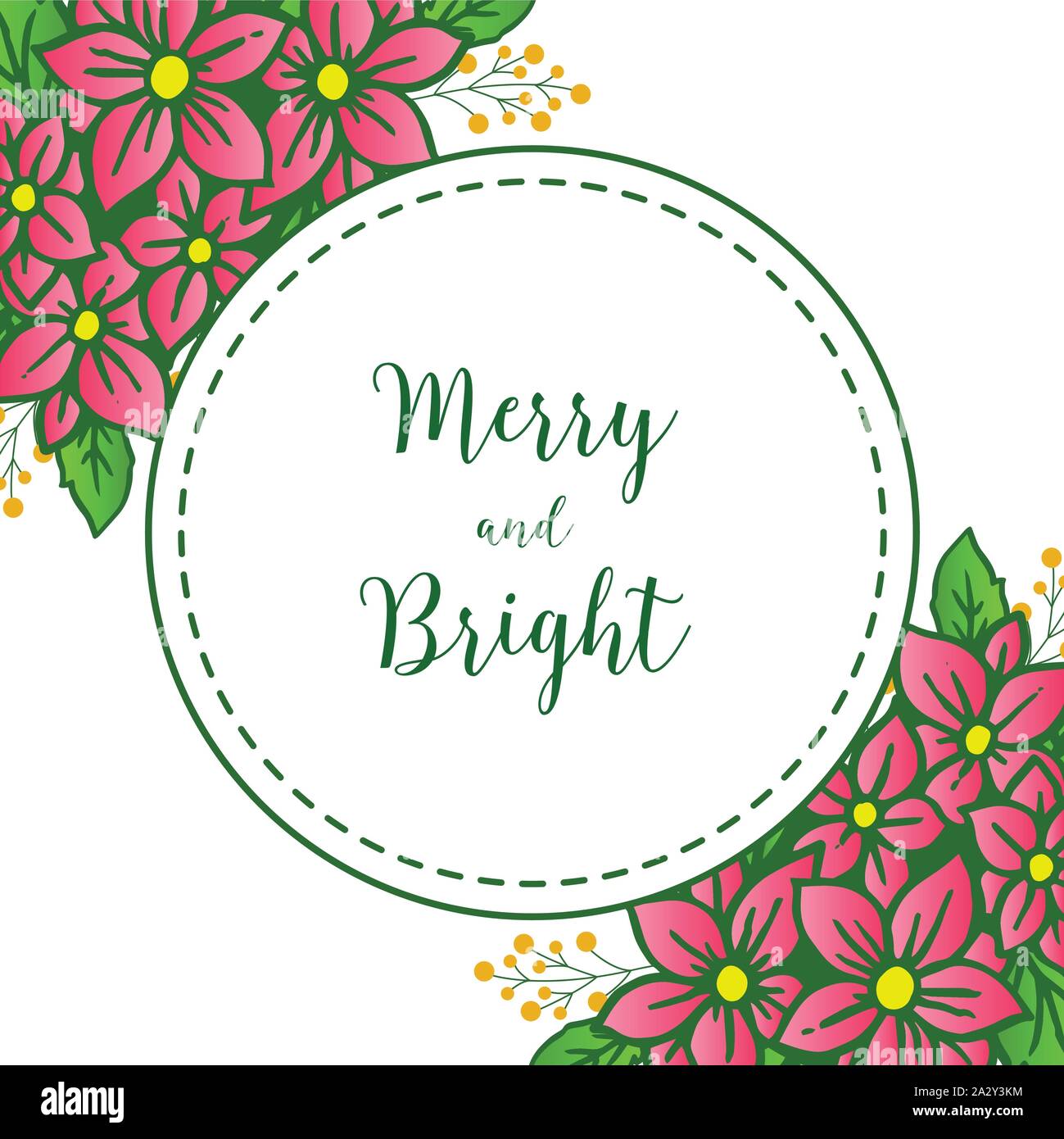 Lettering merry and bright, with design green leafy flower frame ...