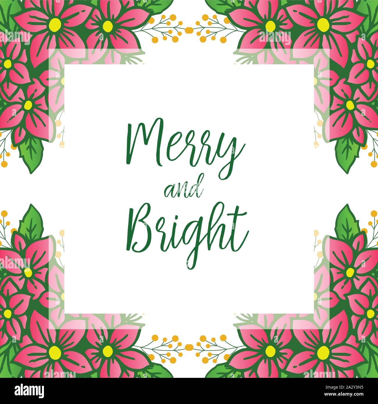 Lettering merry and bright, with design green leafy flower frame ...