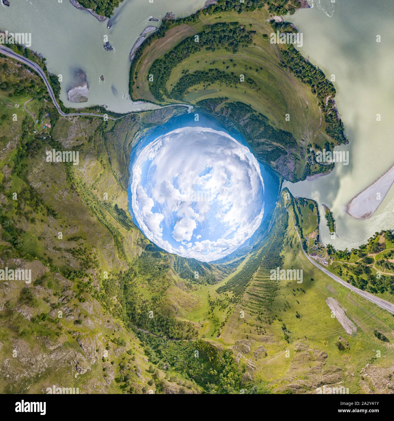 360 degree panoramic image of an abstract world turned inside out with ...