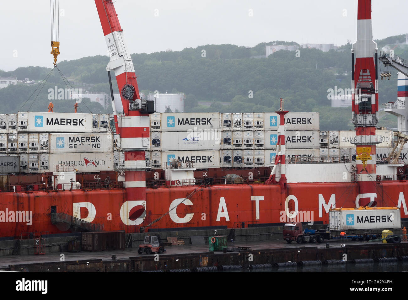 Container terminal sea port, unloaded container ship Sevmorput ...