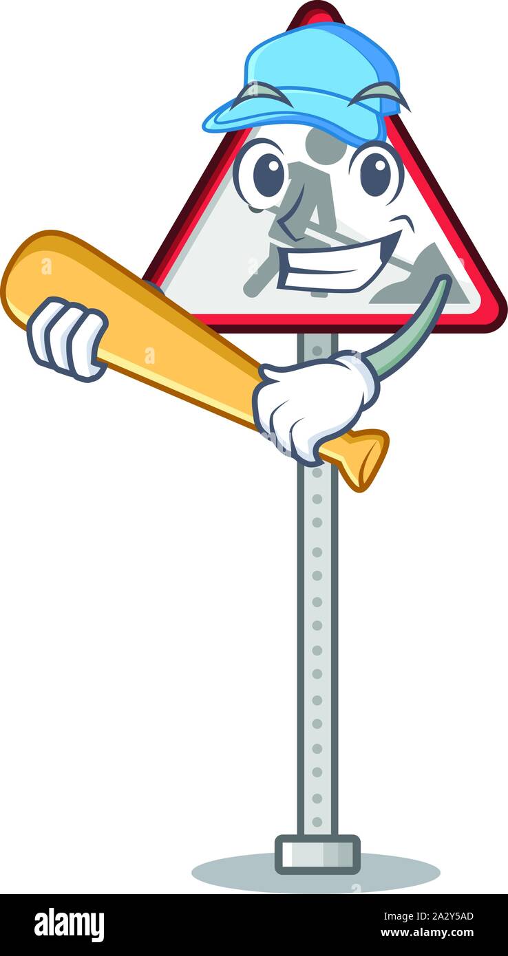Playing baseball road work sign cartoon shape character Stock Vector ...