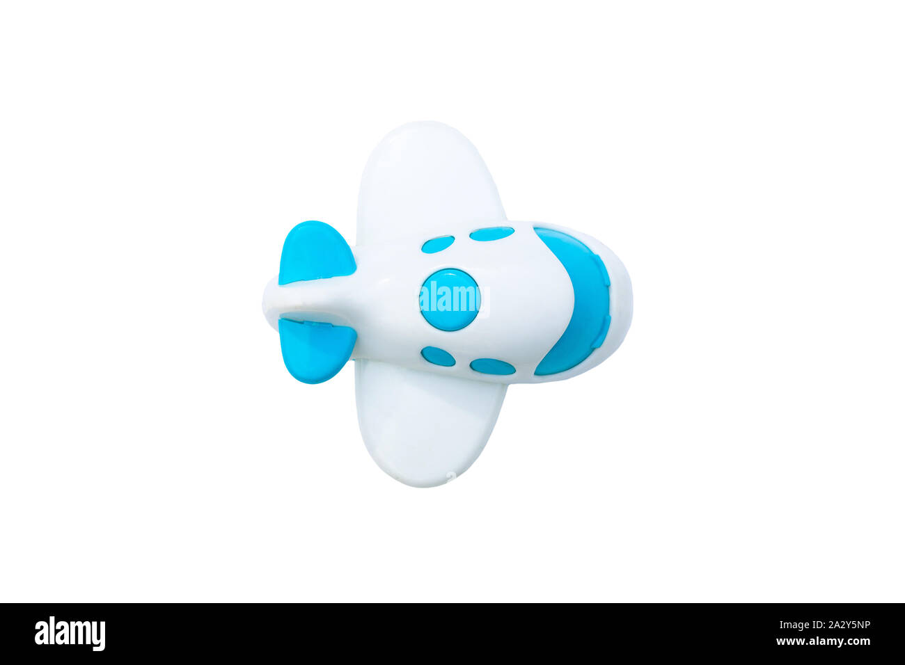 Plastic blue and white toy airplane jet isolated on a white background ...
