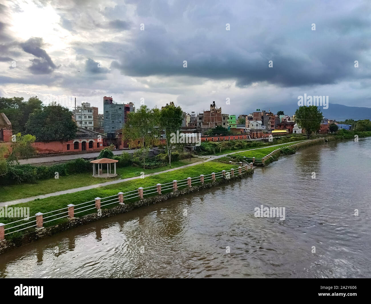 Aerial view of holy river Bagmati flowing through Kathmandu valley ...