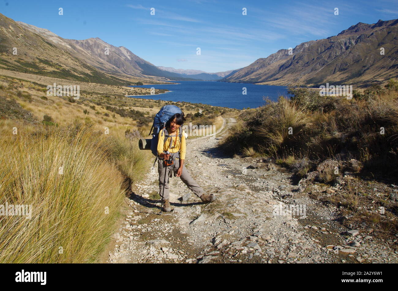 Thai female backpacker. Mavora Lakes. Te Araroa Trail. Mavora Walkway ...