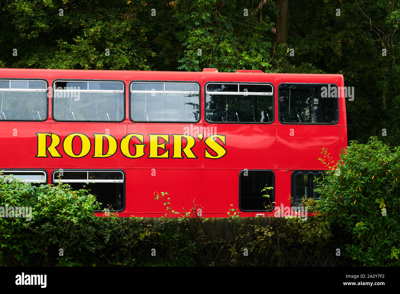 Rodger’s red double decker bus, Corby, Northamptonshire Stock Photo - Alamy