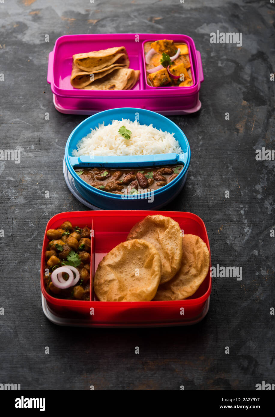 Group of North Indian Food in Tiffin , Lunch Box includes Rajma or ...