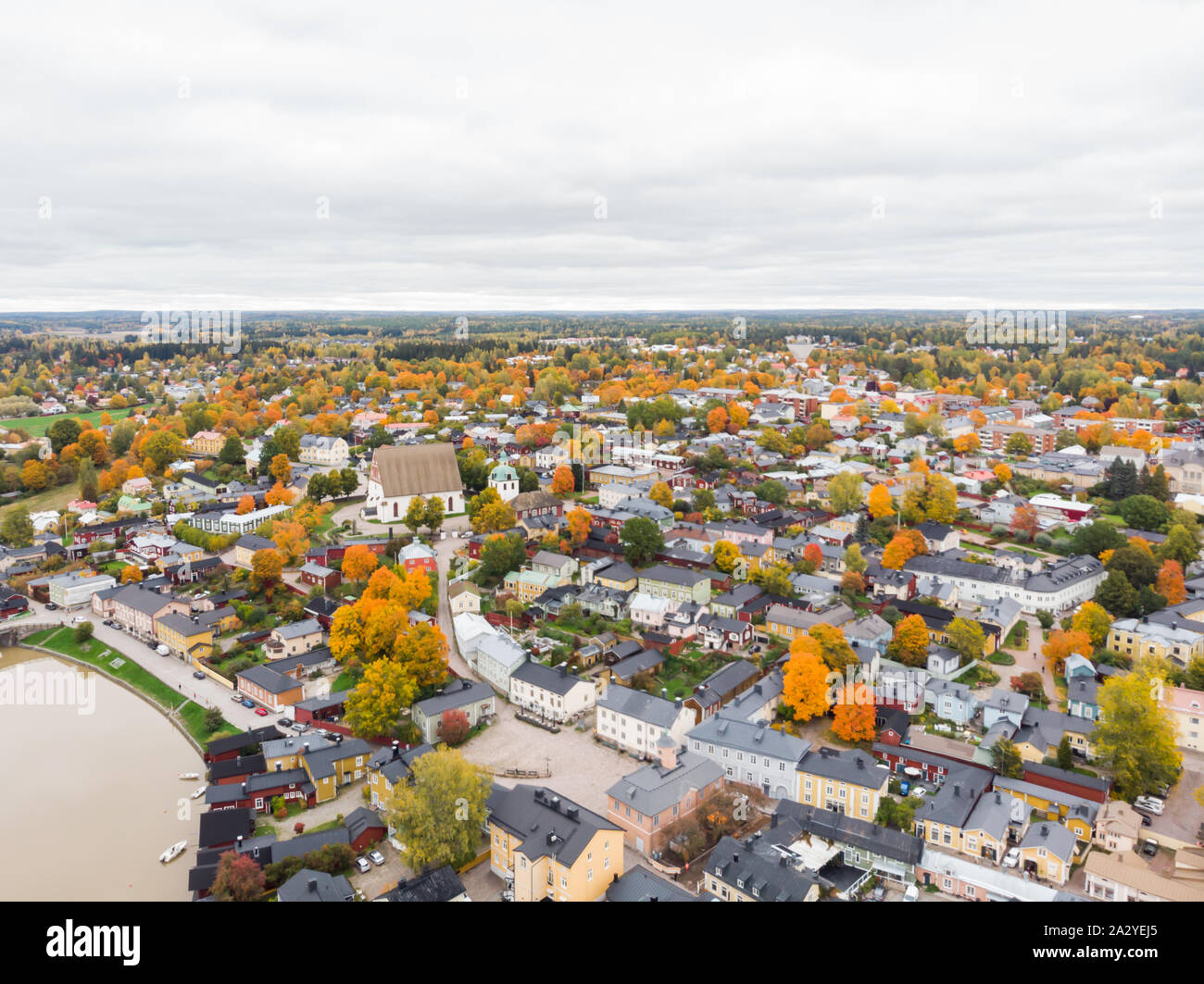 Aerial autumn view of Old town of Porvoo, Finland. Beautiful city ...