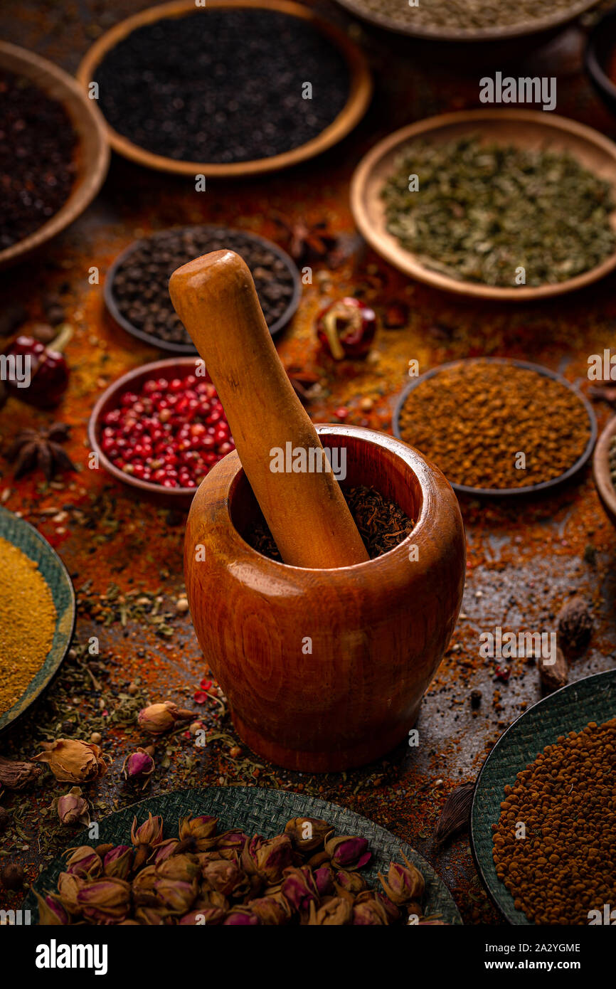 Colorful herbs and spices for cooking Stock Photo - Alamy
