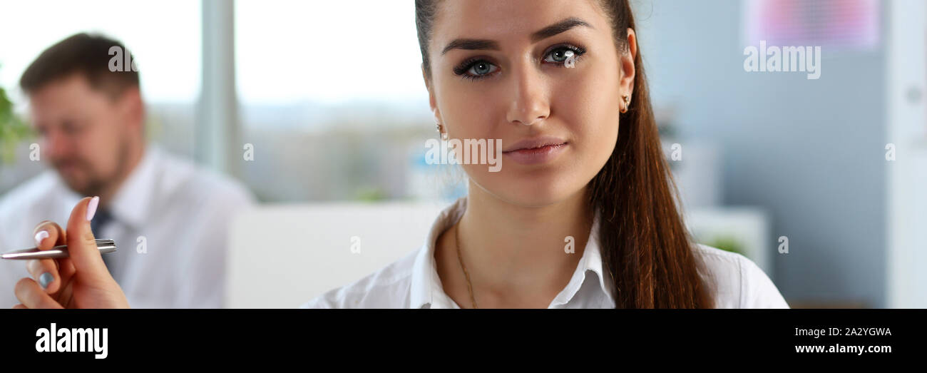 Beautiful smiling cheerful girl at workplace look in camera Stock Photo ...