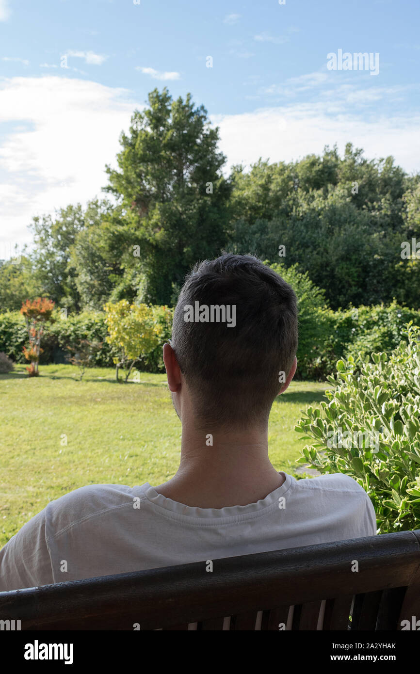 Rear view of a boy sitting on a chair in the garden on a sunny day ...