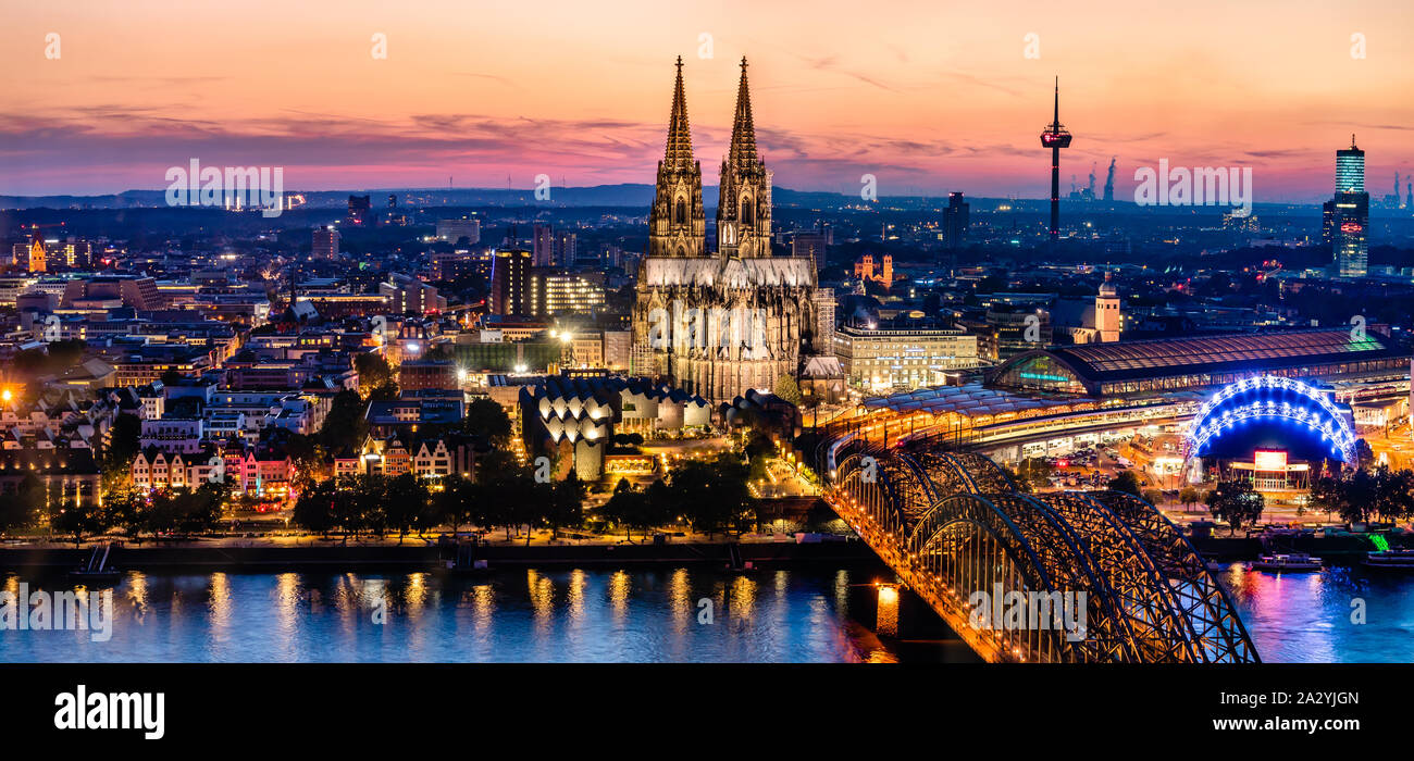 Cologne, Germany - August 2019: Beautiful panoramic aerial night ...