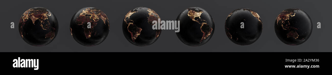 Six globes showing earth with 60 degree rotation at night. 3D ...