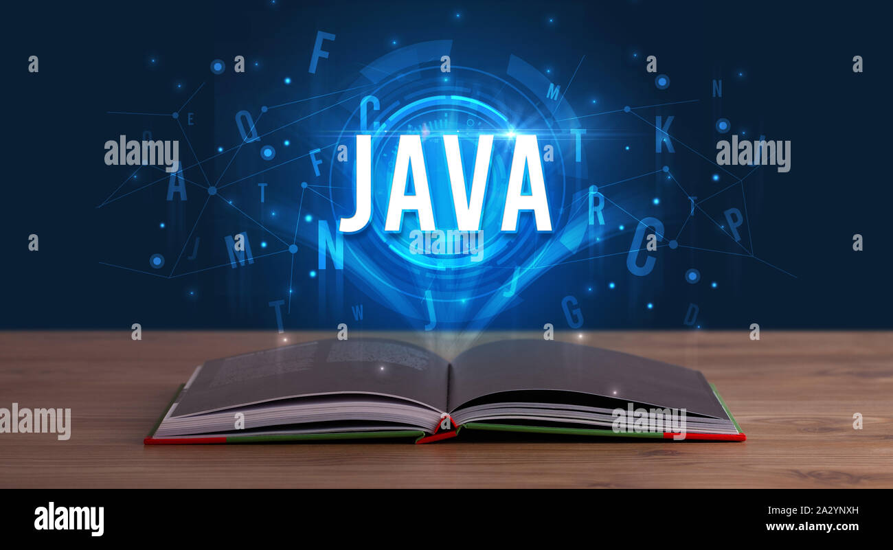 JAVA inscription coming out from an open book, digital technology ...