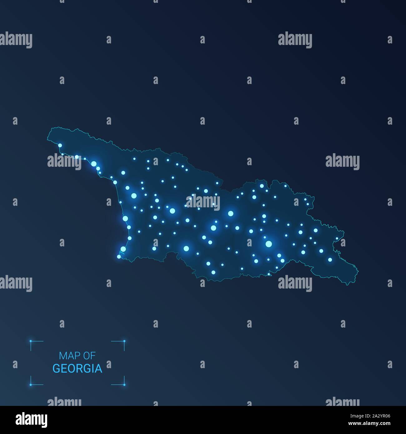 Georgia map with cities. Luminous dots - neon lights on dark background ...