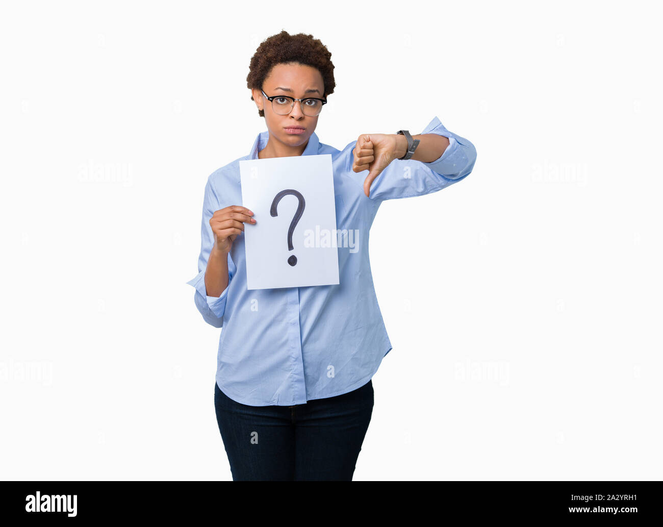 Young african american woman holding paper with question mark over ...
