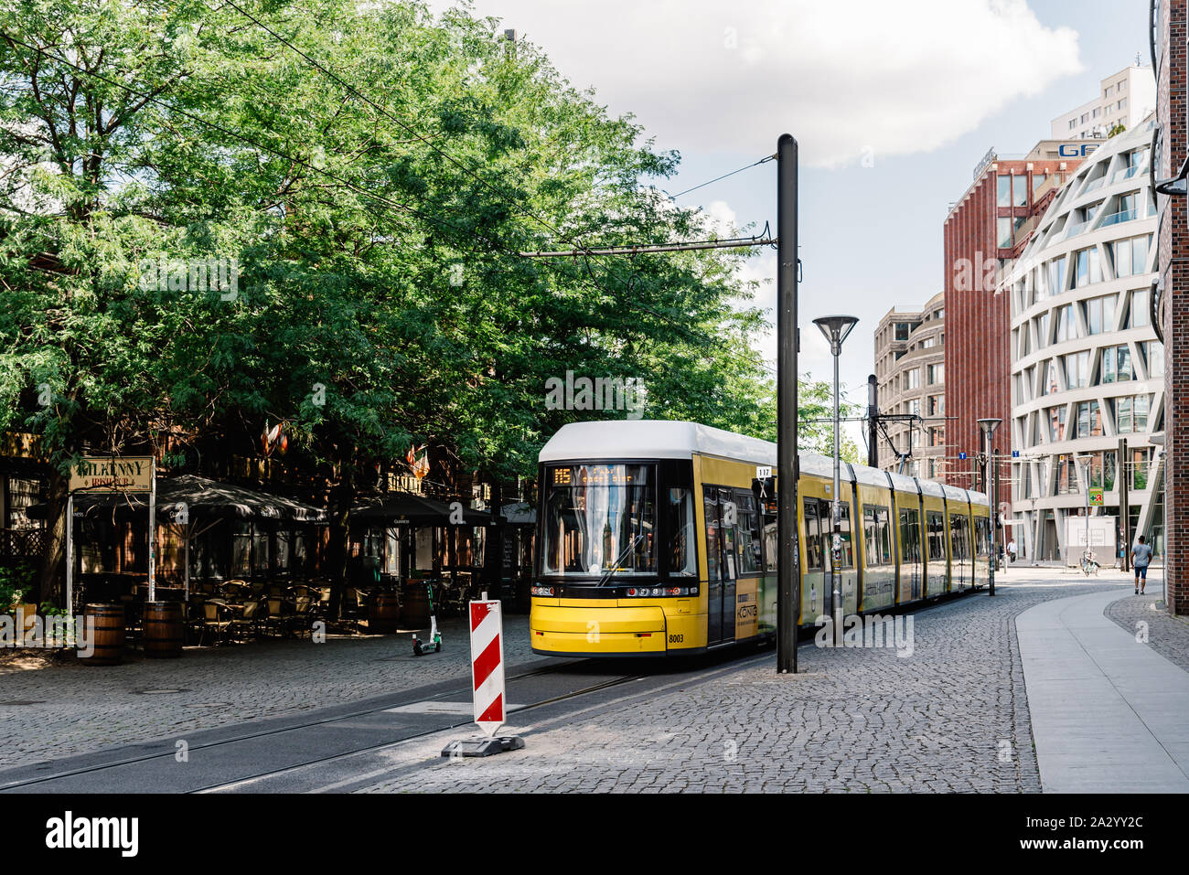 Berlin, Germany - July 27, 2019: Yellow public transportation tram ...