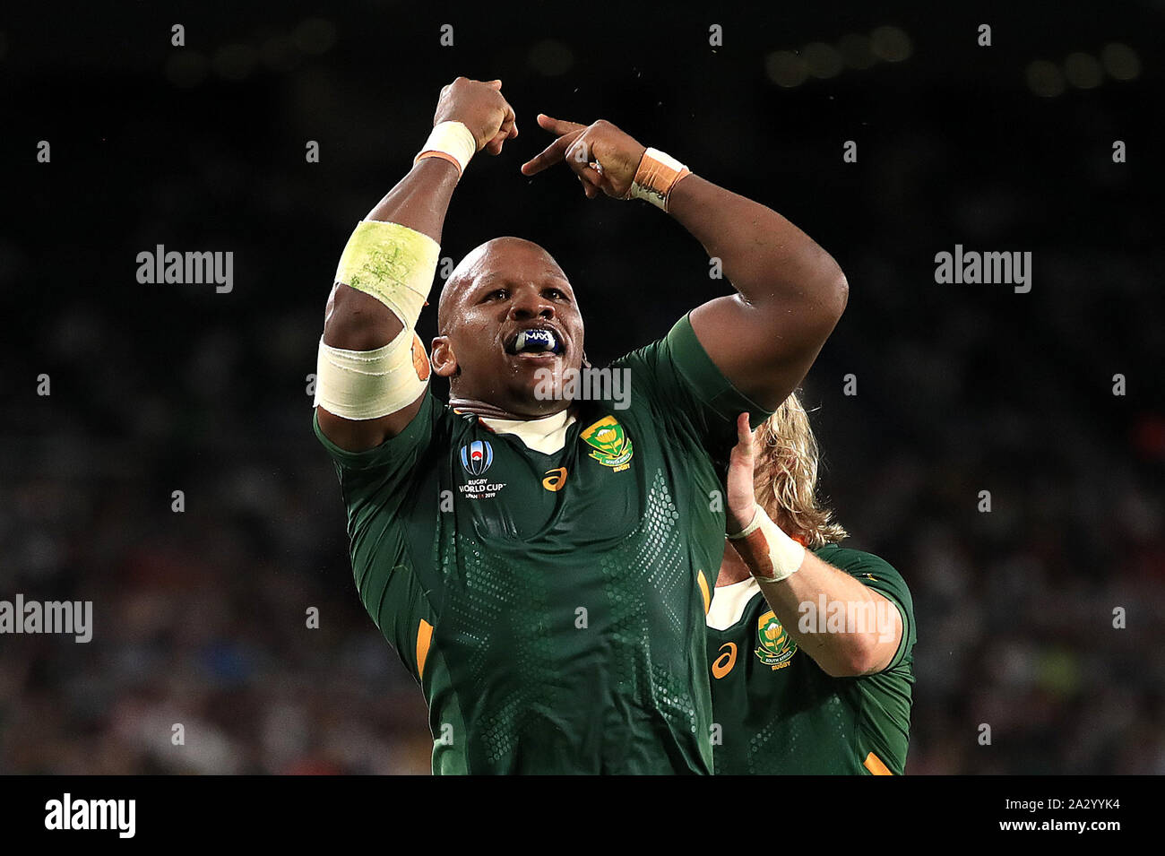 South Africa's Mbongeni Mbonambi celebrates scoring his side's second ...